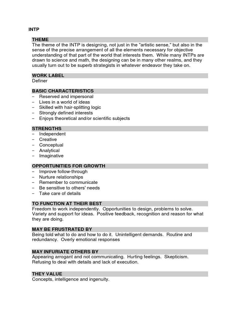 Intp Summary | PDF | Competence (Human Resources) | Emotions