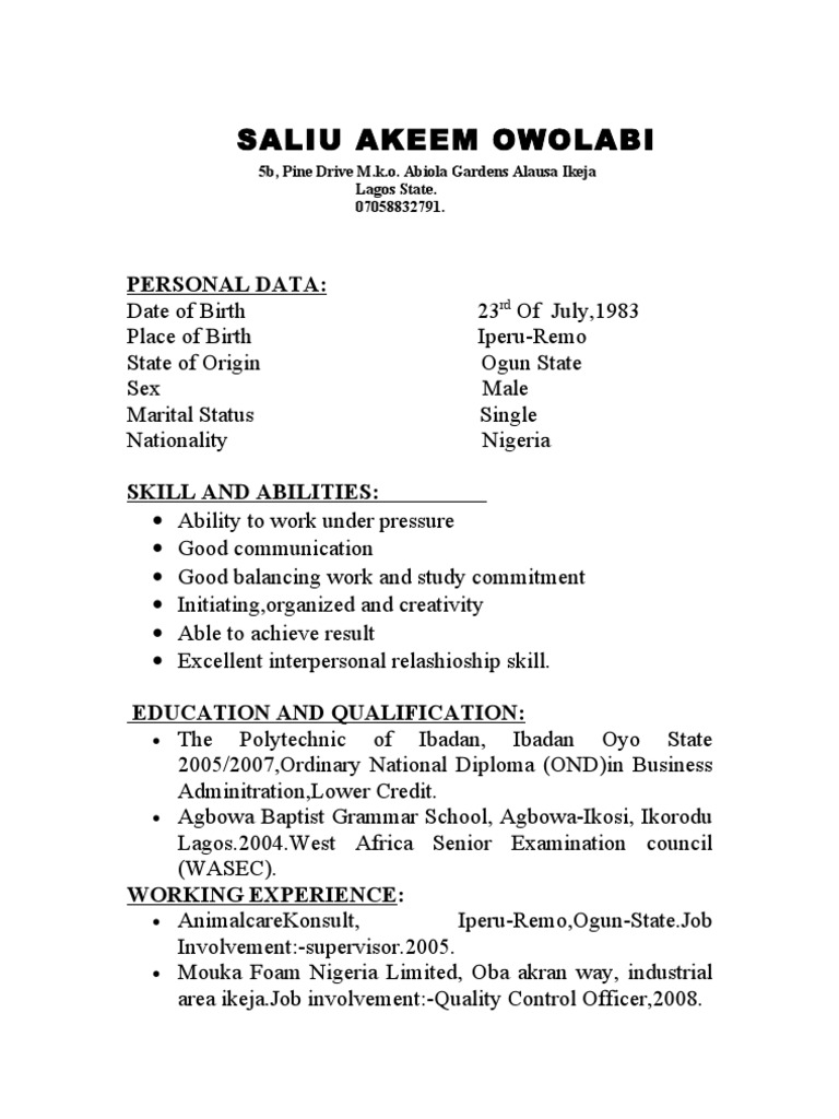 Saliu Akeem Owolabi CV and Profile | PDF | Wellness