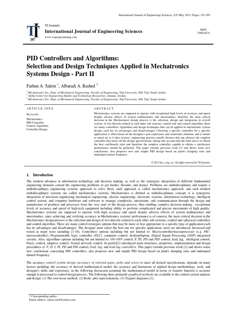 PID Controllers and Algorithms: Selection and Design Techniques Applied ...