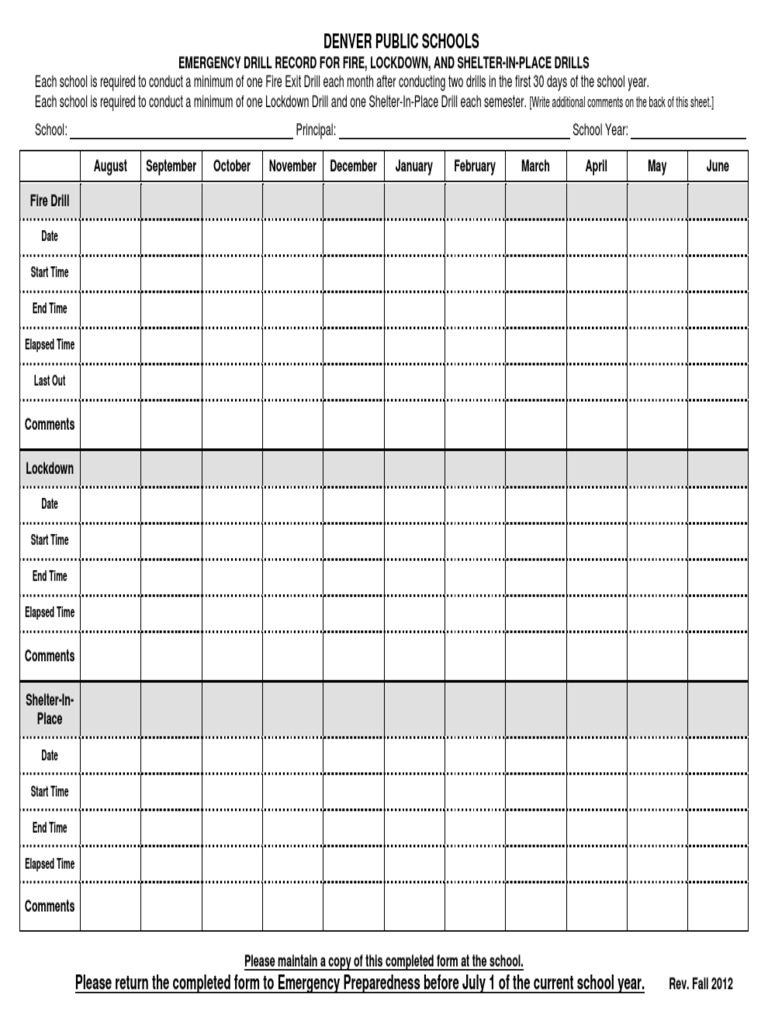 Emergency Drill Record Form 2012 Schools