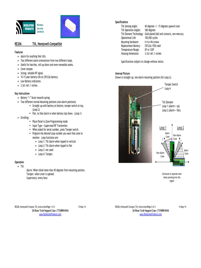 Resolution Products RE206 Tilt Sensor | PDF | Security Alarm | Equipment