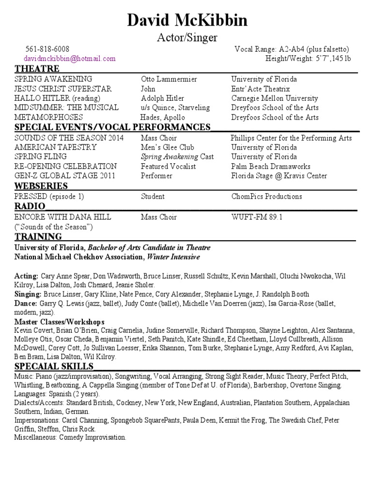 David McKibbin: Actor & Singer Profile | PDF