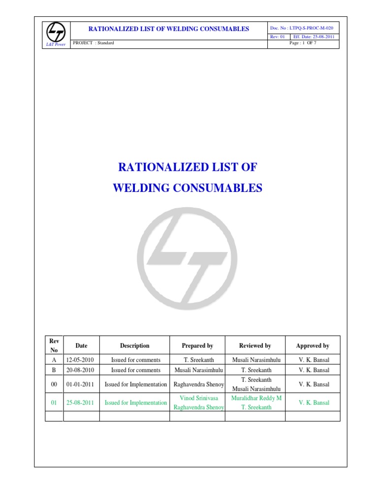 Rationalized List of Welding Consumables for Carbon Steel, Alloy Steel ...