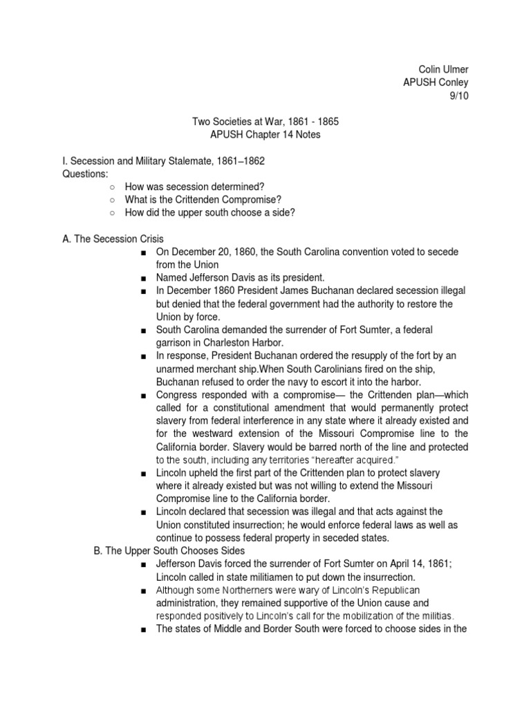 Chapter 14 Notes | PDF | Confederate States Of America | Union ...