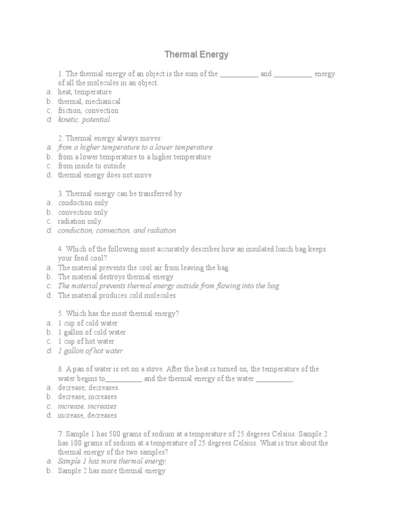Thermal Energy Activity | PDF