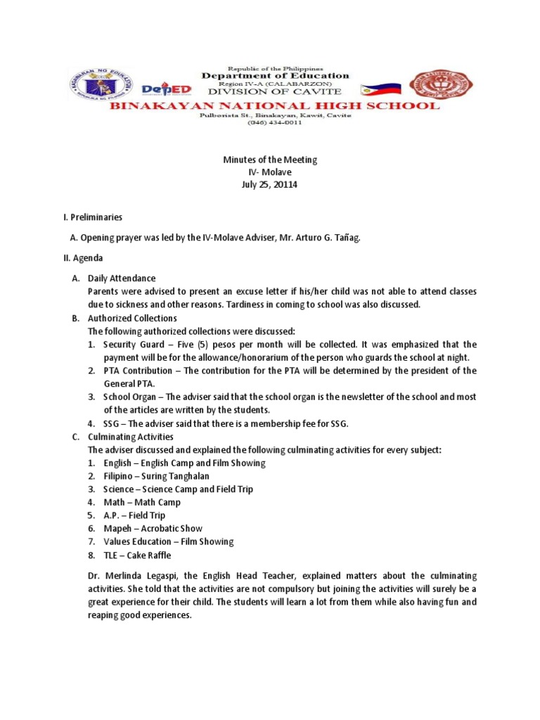IV-Molave PTA Meeting Minutes | PDF | Schools | Teachers