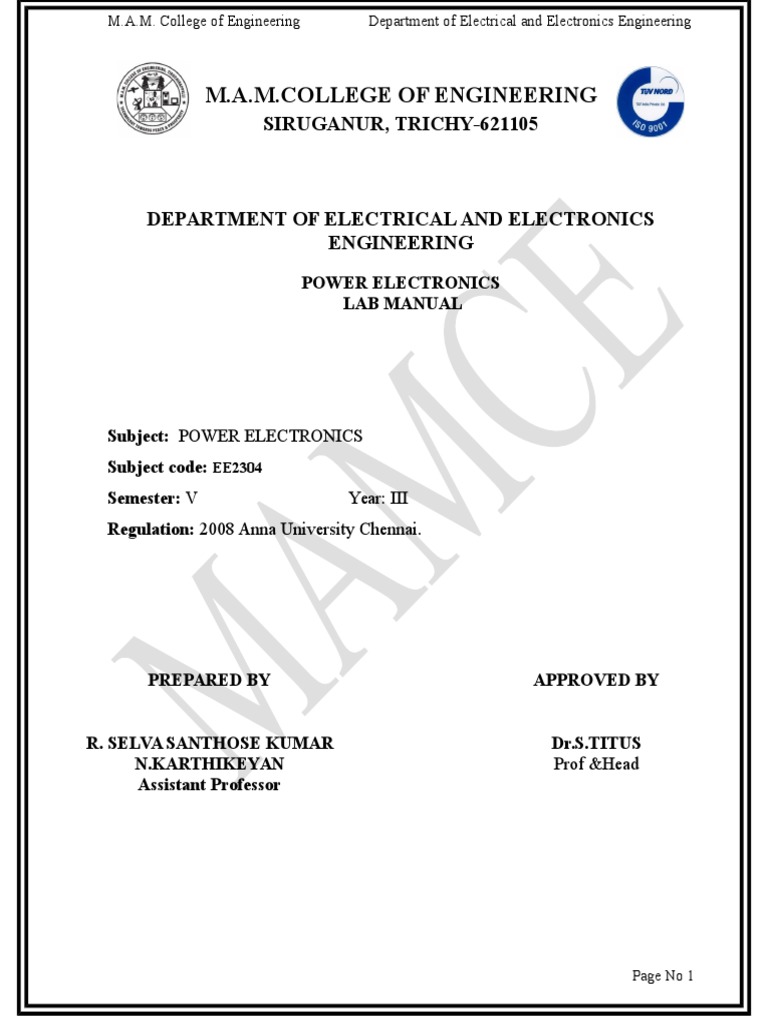 Power Electronics Lab Manual EE2304 | PDF | Power Inverter | Power ...