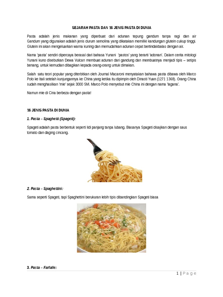 Sejarah Pasta Dan 16 Jenis Pasta Di | PDF