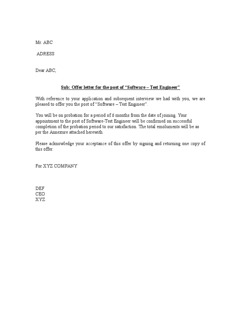 Sample Offer Letter | PDF