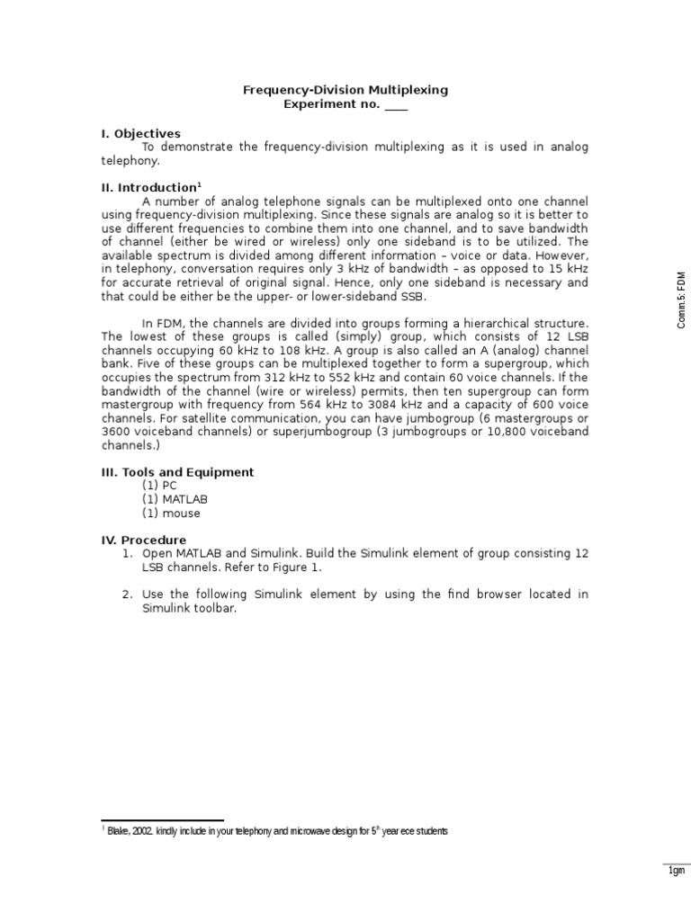 Fdm Telephony Laboratory Exercises Using Matlab Pdf