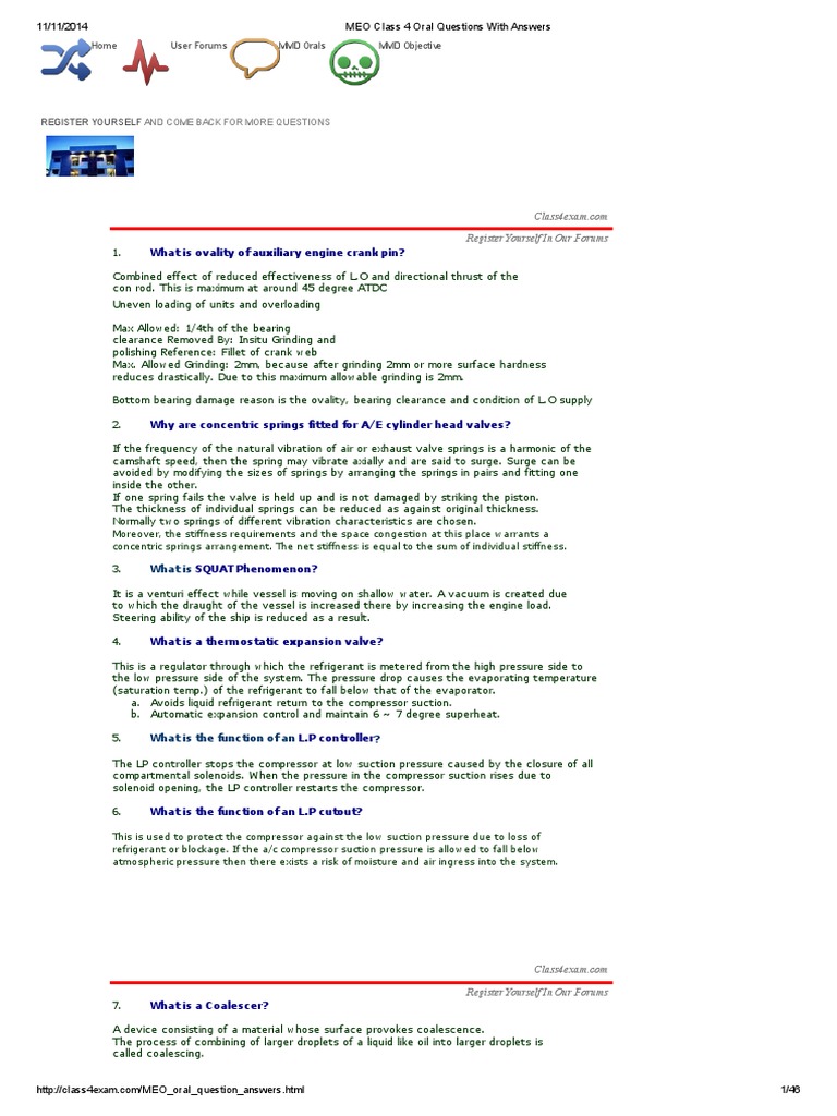 MEO Class 4 Oral Questions & Answers | PDF | Internal Combustion Engine ...