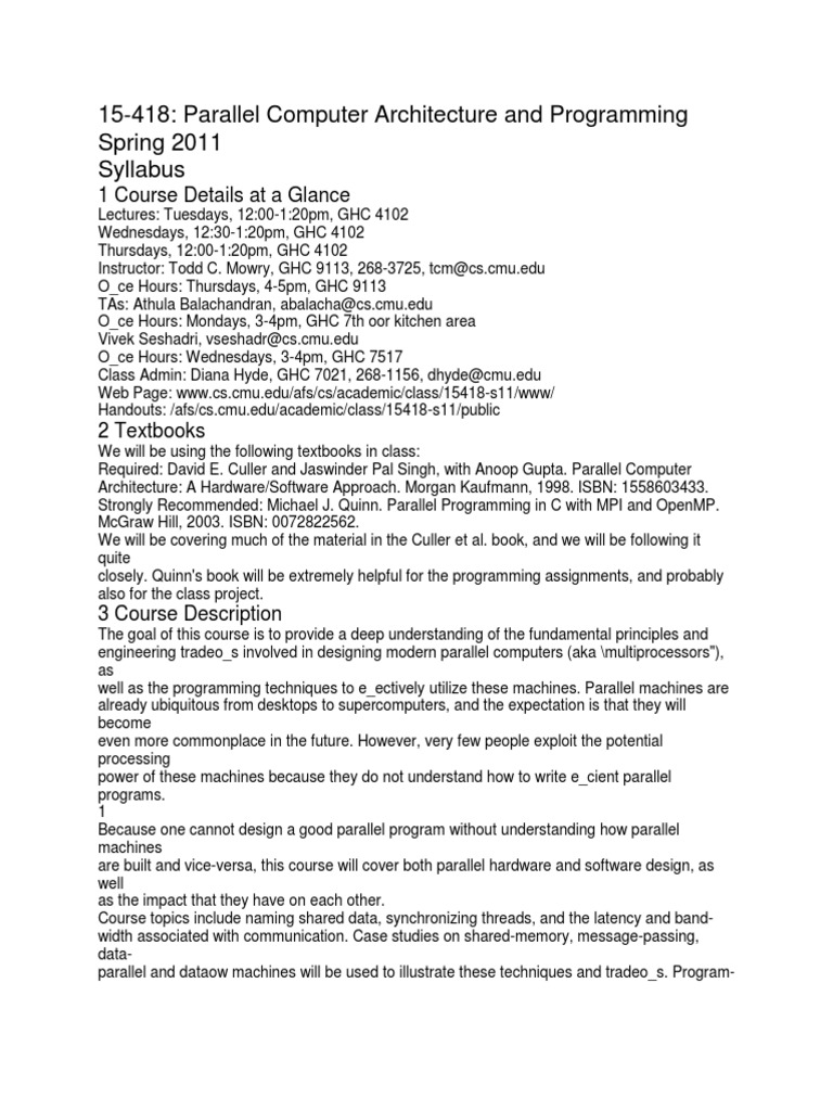 15-418: Parallel Computer Architecture and Programming Spring 2011 Syllabus | Download Free PDF ...