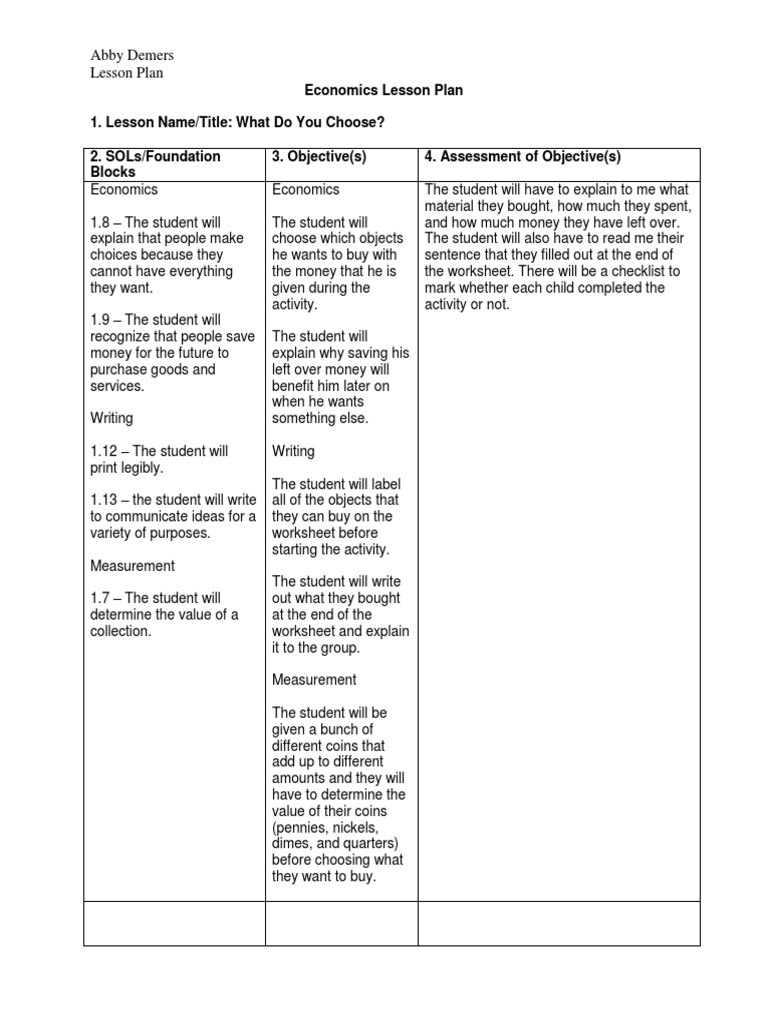 Abby Demers Lesson Plan | PDF | Lesson Plan | Economics