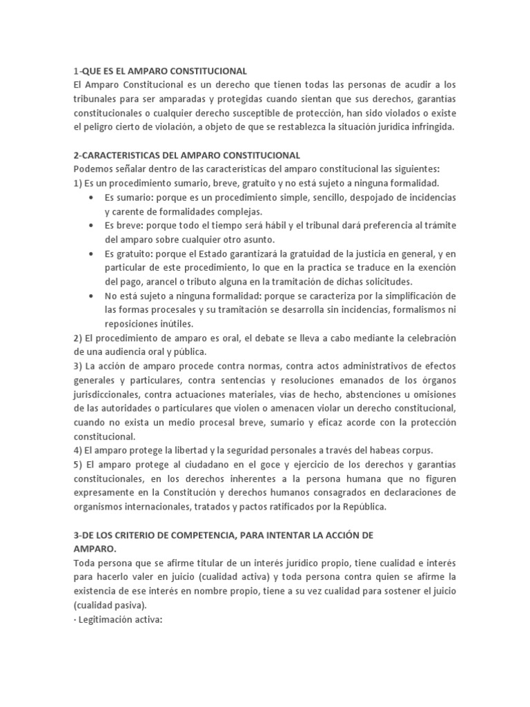 Amparo Constitucional Caracteristicas | PDF | Habeas corpus | Ley procesal
