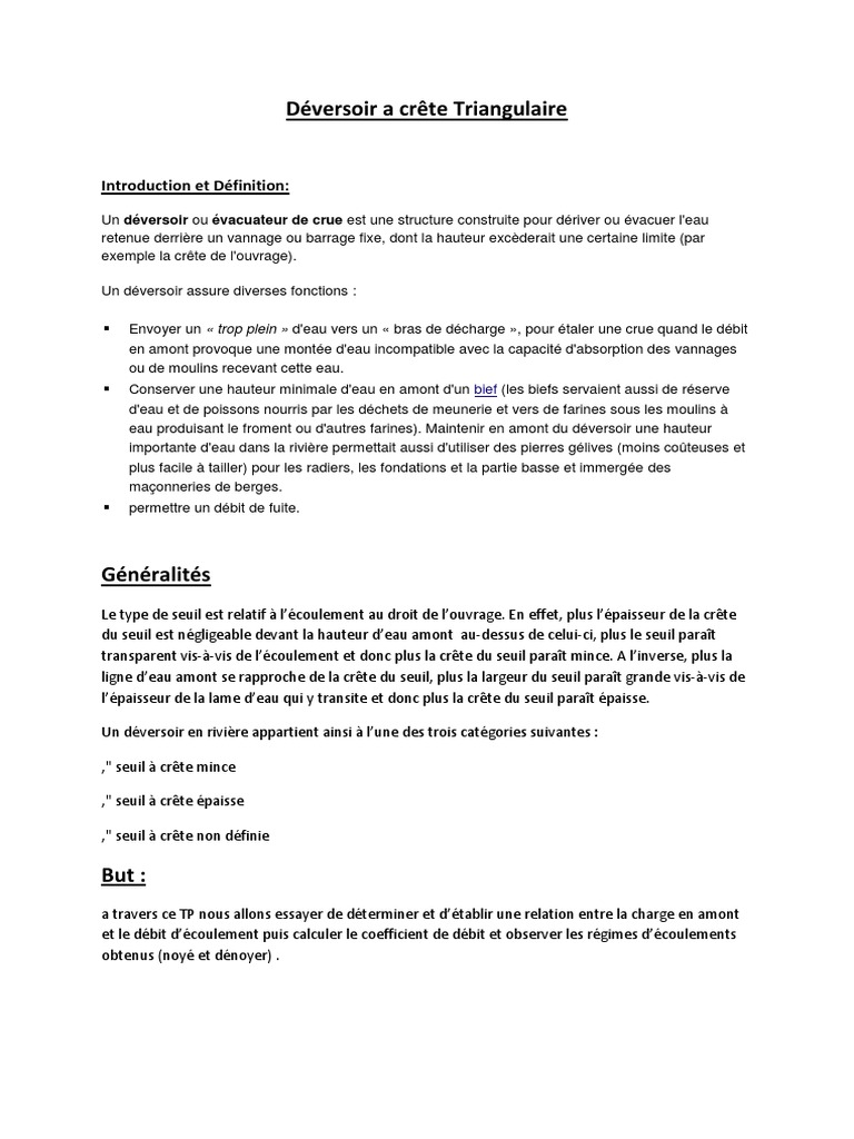 Déversoir Triangulaire : Étude et Méthodes | PDF