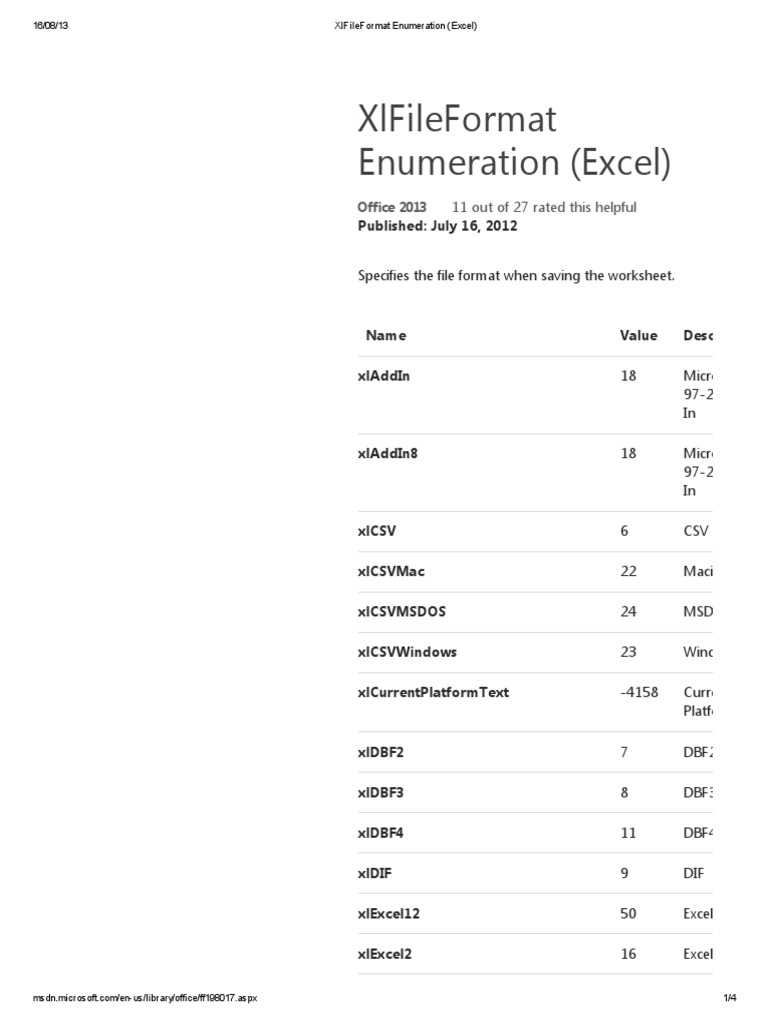 Números de Formato en Excel (XlFileFormat Enumeration) | PDF