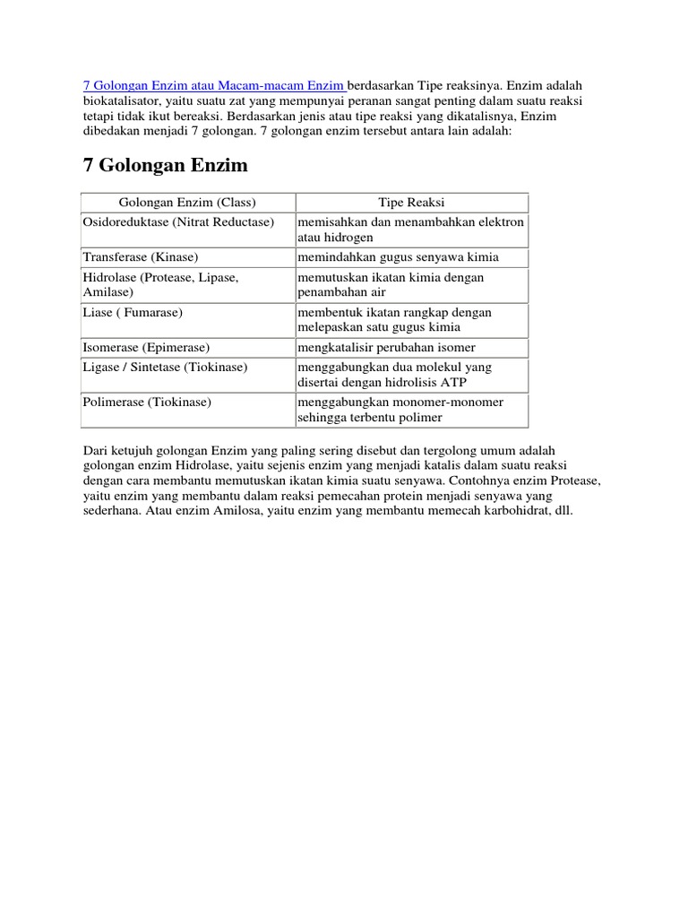 7 Golongan Enzim Atau Macam | PDF | Sains & Matematika | Gaya Hidup