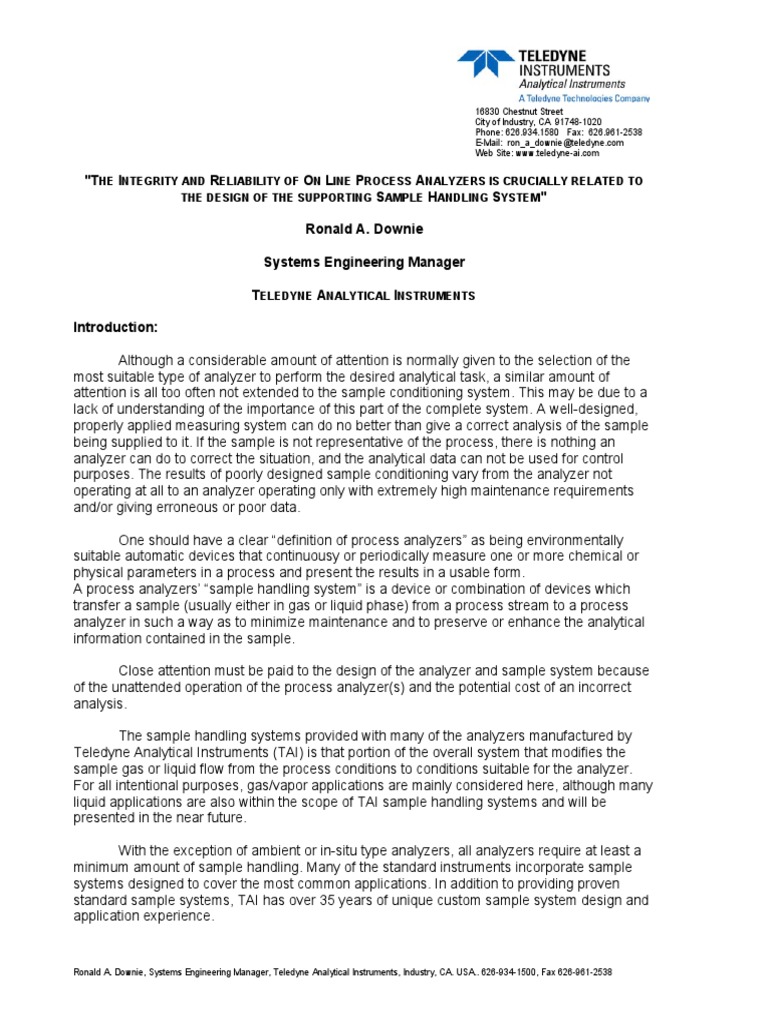 Sample Handling System For Analyzer | PDF | Filtration | Leak
