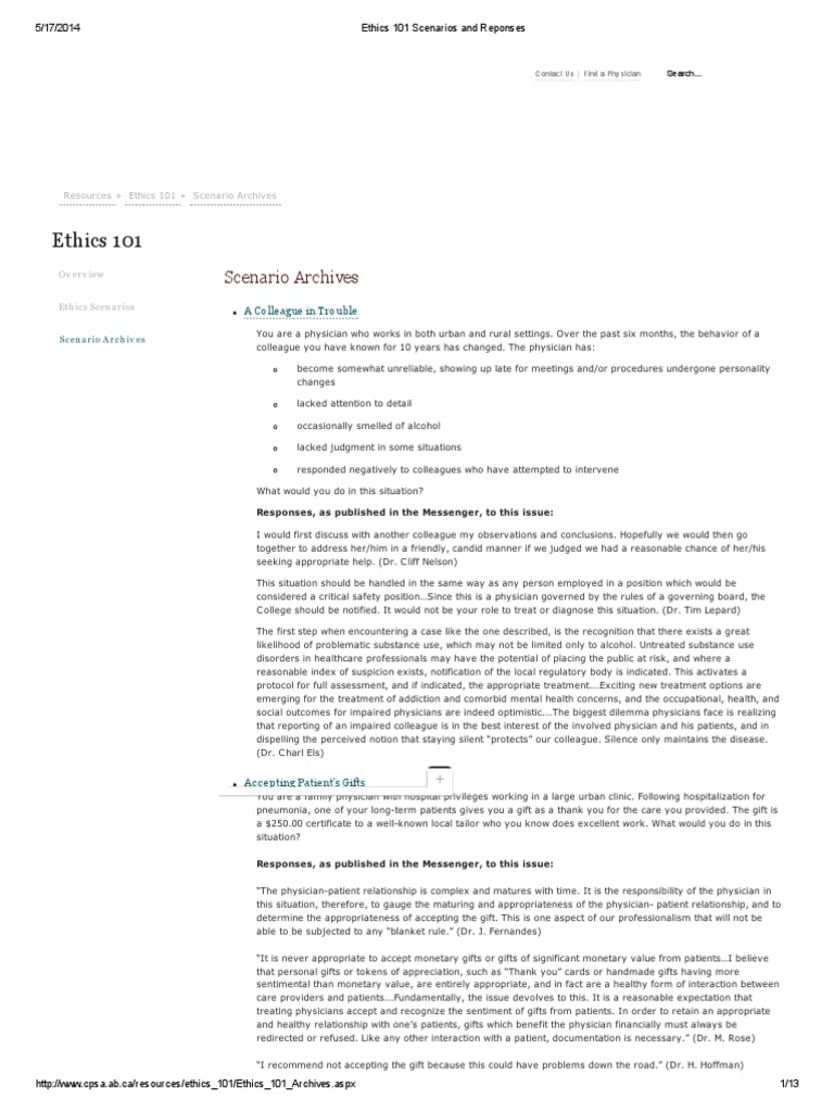 Ethics 101 Scenarios and Reponses | PDF | Family Medicine | Physician