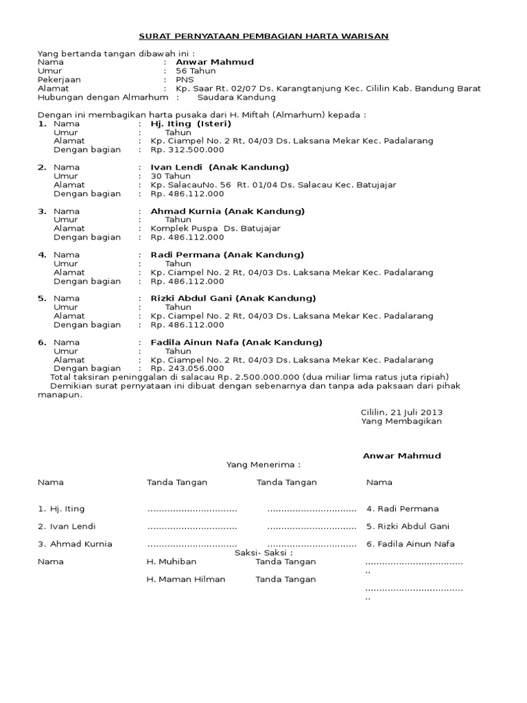 Surat Pernyataan Pembagian Harta Warisan | PDF