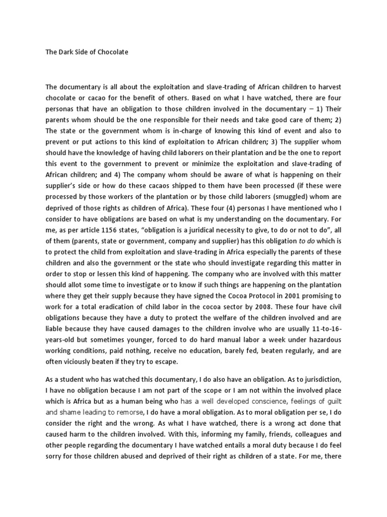 The Dark Side of Chocolate - Reaction Paper | PDF | Cocoa Bean | Injustice