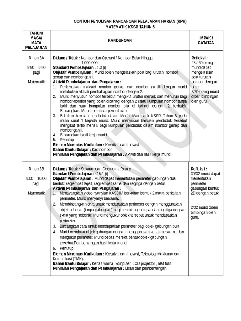 Contoh Penulisan RPH - KSSR | PDF