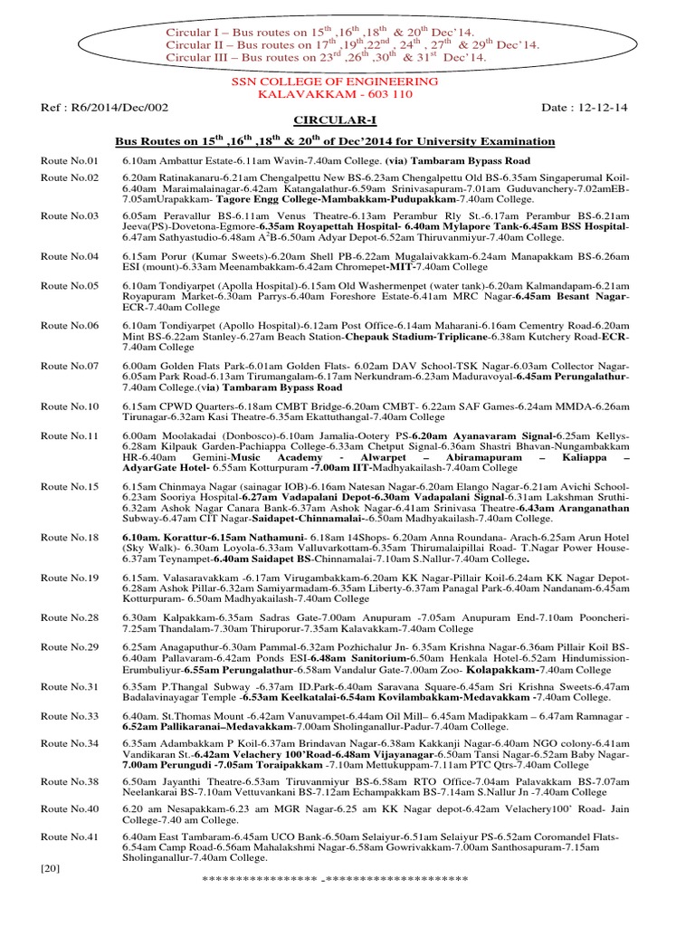 SSN College Bus Routes for Exams | PDF