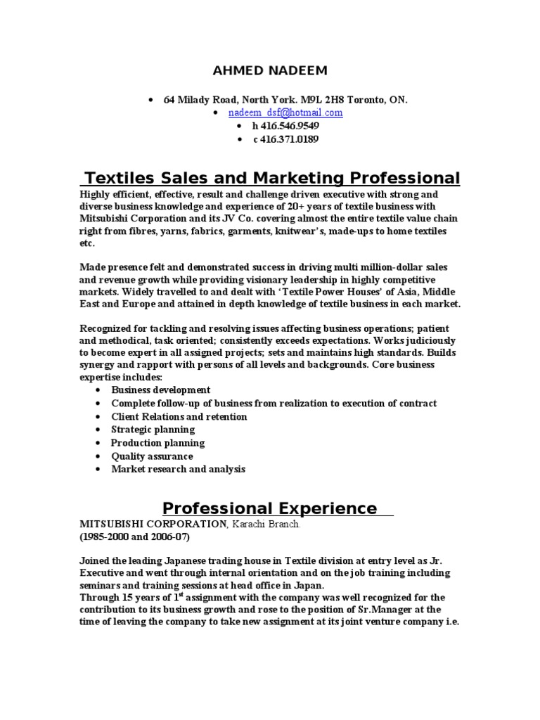 Ahmed Nadeem Resume | PDF | Yarn | Textiles