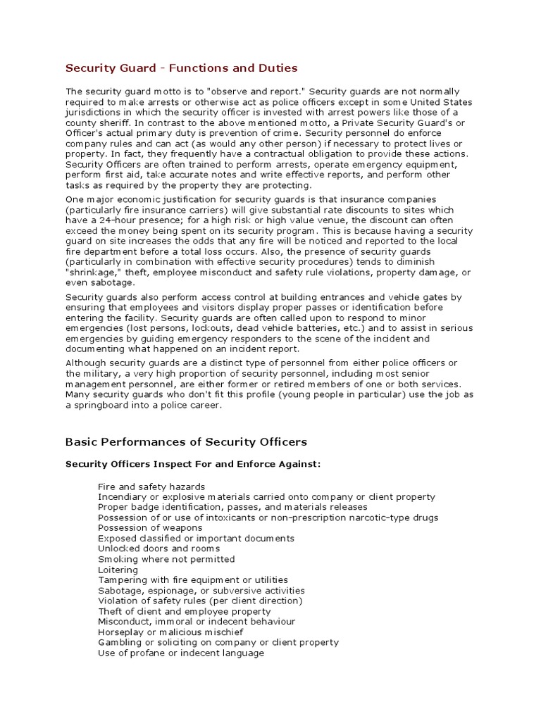 Security Guard Functions Duties | PDF | Security Guard | Public Sphere