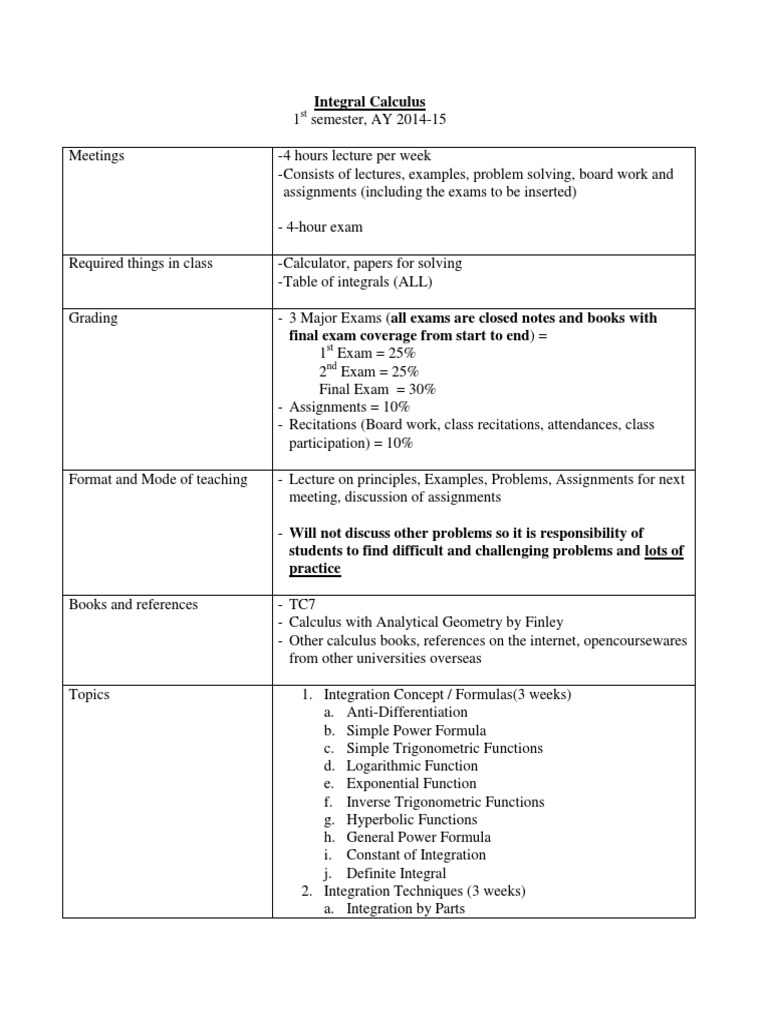 Integral Calculus Course Outline | PDF | Integral | Function (Mathematics)