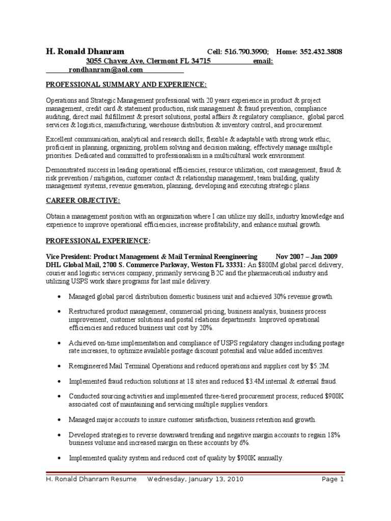 H. Ronald Dhanram Resume Detailed - November 2009 | PDF | United States ...
