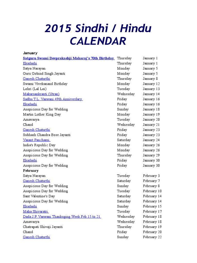 Sindhi Hindu Calendar 2015 | PDF | Hindu Behaviour And Experience ...