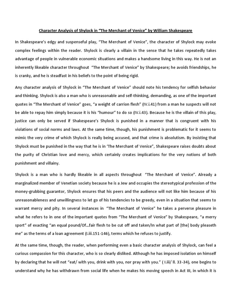Character Analysis of Shylock | PDF | The Merchant Of Venice | Shylock