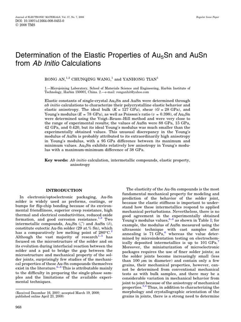 Elastic Properties of Au5Sn and AuSn | PDF | Anisotropy | Chemistry