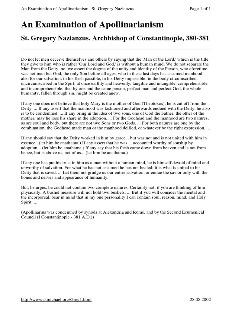 An Examination of Apollinarianism-St. Gregory Nazianzus | PDF | Deities ...