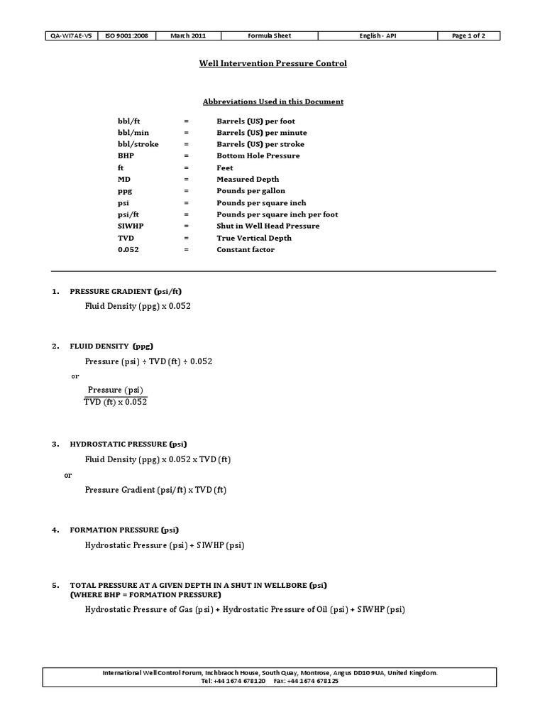 Well Intervention Pressure Formulas | PDF | Home & Garden | Technology ...