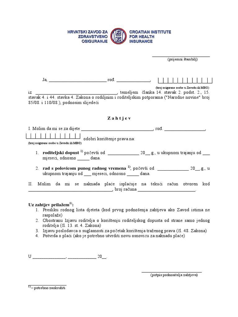 Zahtjev Za Roditeljski Dopust I Rad Sa Pola Radnog Vremena | PDF
