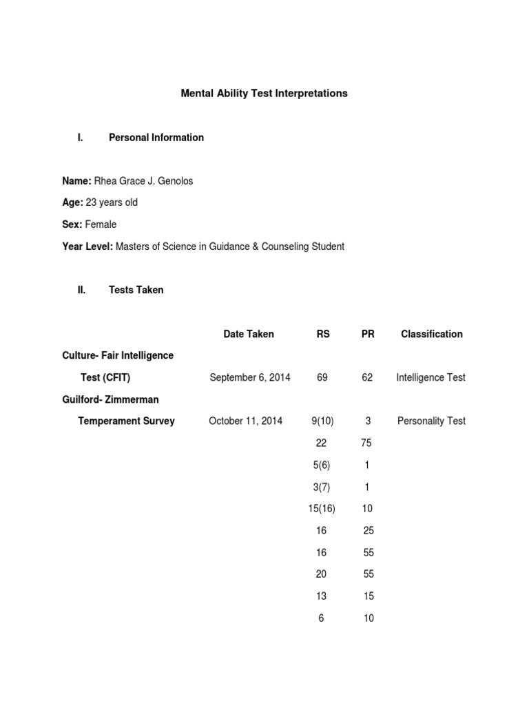 Mental Ability Test Interpretation Report | PDF | Self-Improvement