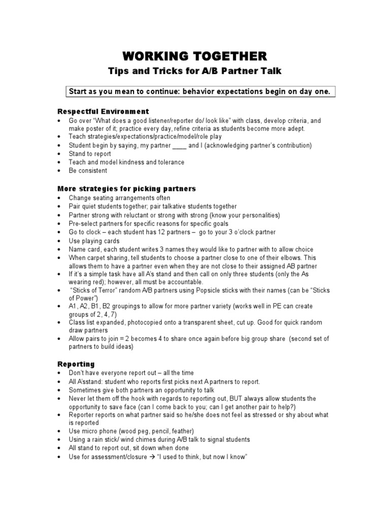 Working Together: Tips and Tricks For A/B Partner Talk | PDF ...
