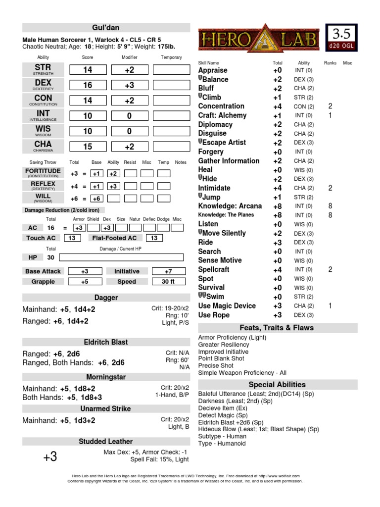STR +2 14 DEX +3 16 CON +2 14 INT 0 10 WIS 0 10 CHA +2 15: Gul'dan ...