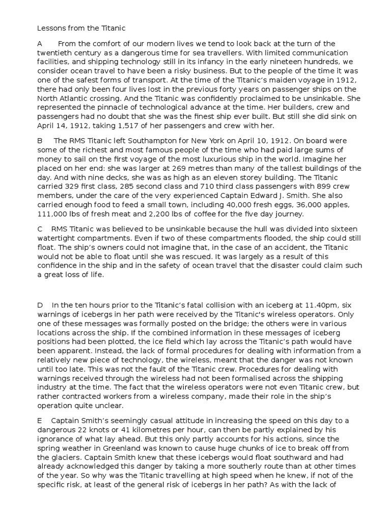 Lessons From The Titanic Text For Reading Tasks | PDF | Rms Titanic ...