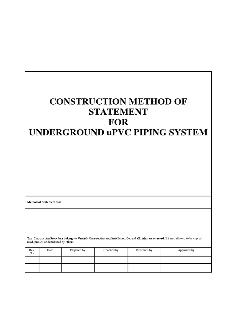 Method Statement Fo UG Sewer UPVC Piping | PDF | Polyvinyl Chloride | Pipe (Fluid Conveyance)