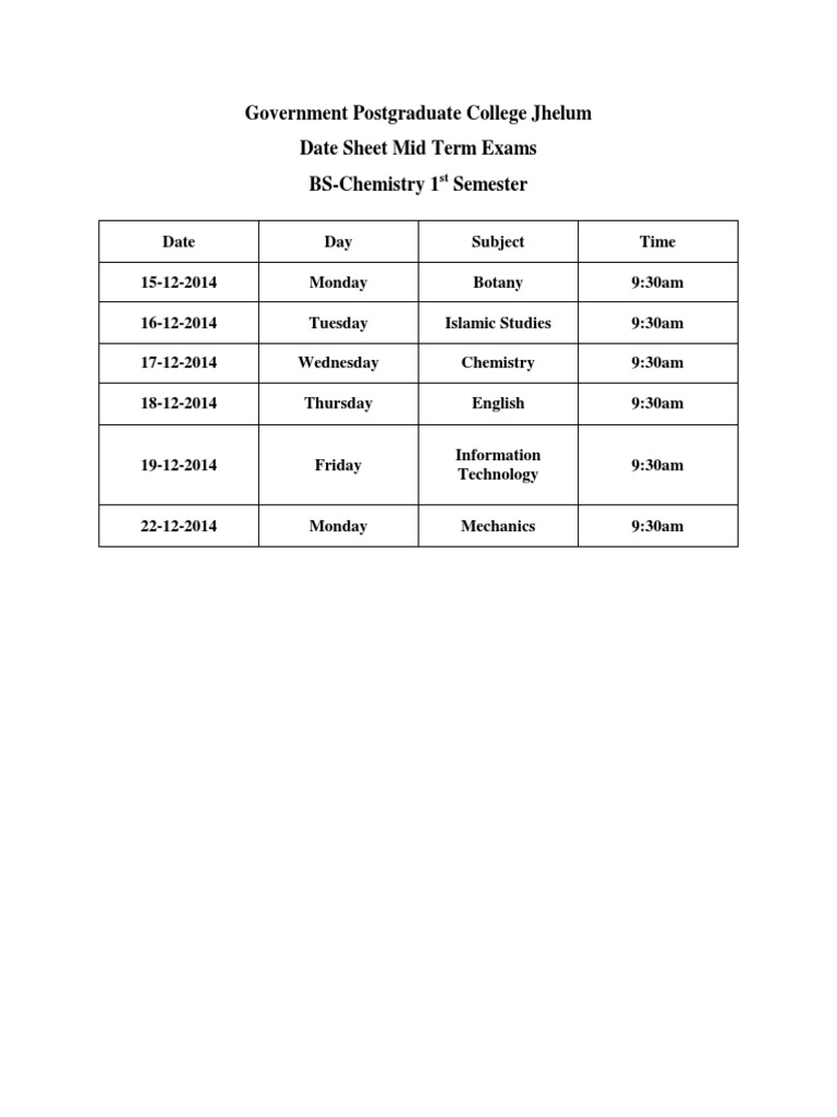 Jhelum College BS-Chemistry Exam Schedule | PDF