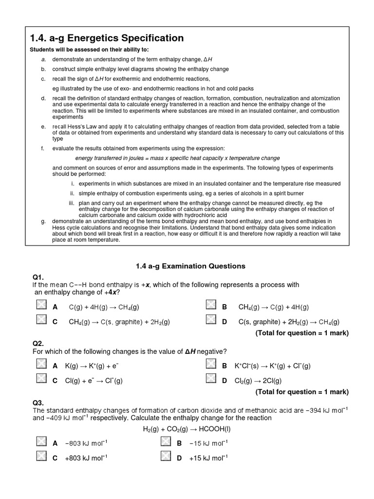 Enthalpy Change Examination Questions | PDF | Combustion | Enthalpy