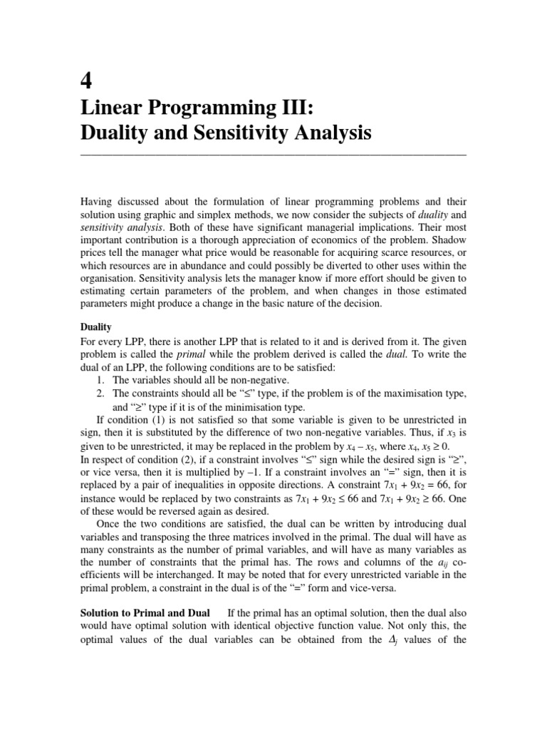 Linear Programming III: Duality and Sensitivity Analysis | PDF | Linear Programming ...
