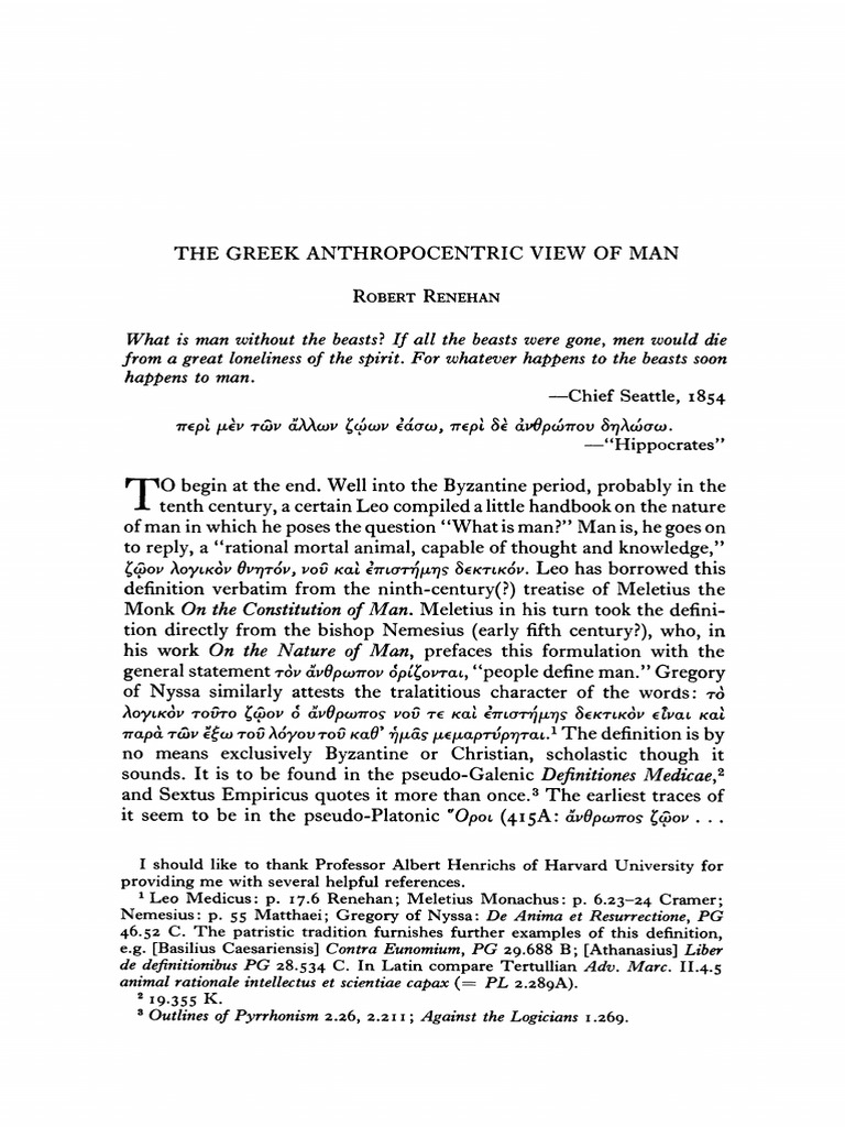 Renehan-The Greek Anthropocentric View of Man (HSCP 85 (1981) ) | PDF ...
