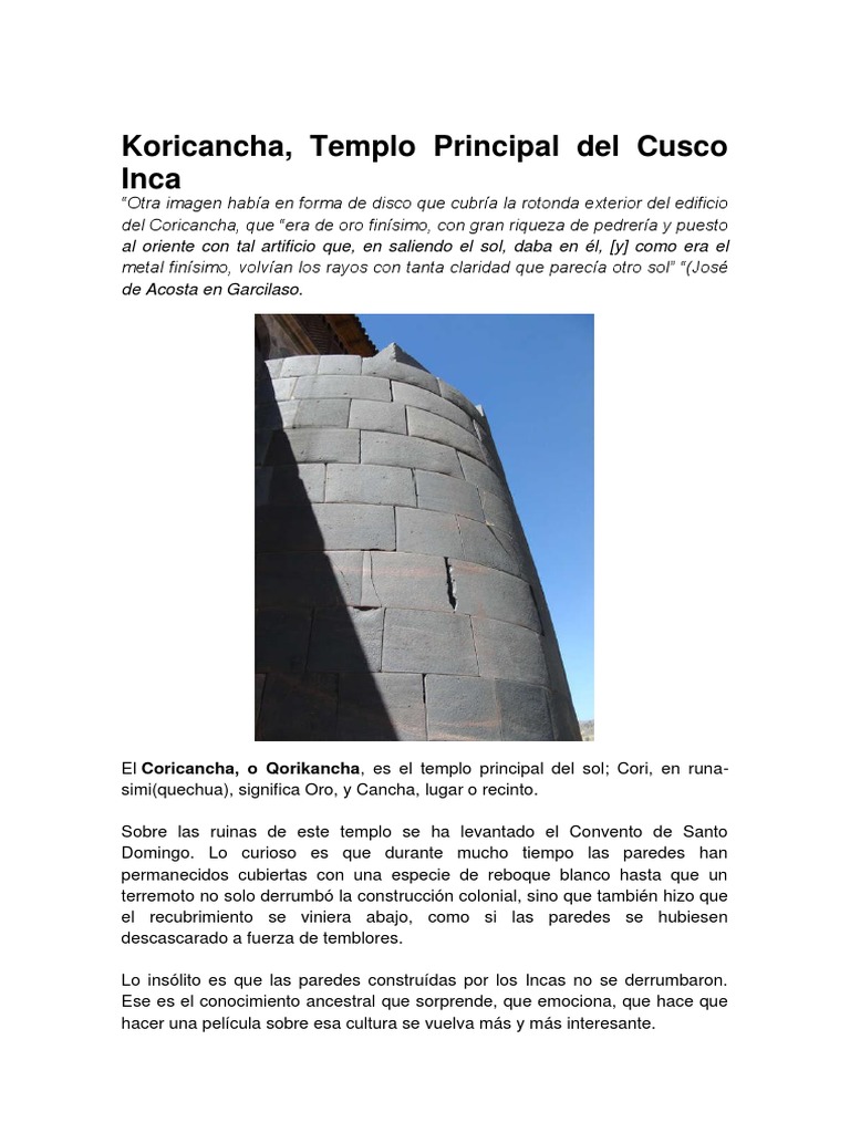 Koricancha: Templo del Sol Inca | PDF | Imperio Inca