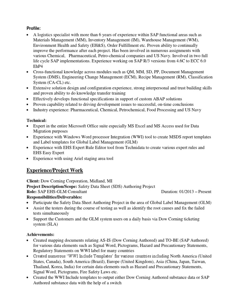 SAP EH&S WWI Resume | PDF | Specification (Technical Standard ...