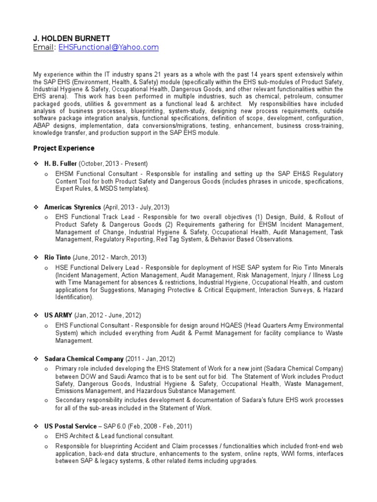Holden - SAP EHS Resume | PDF | Occupational Hygiene | Occupational ...
