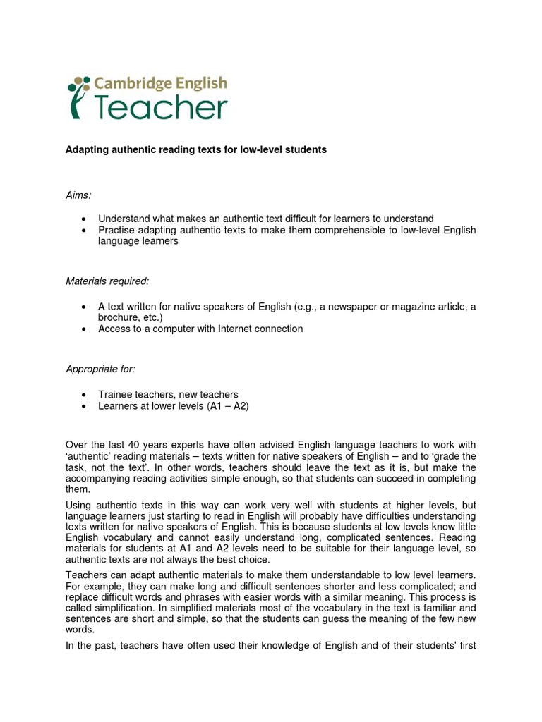 Adapting Authentic Reading Texts For Low-Level Students | PDF | Career ...